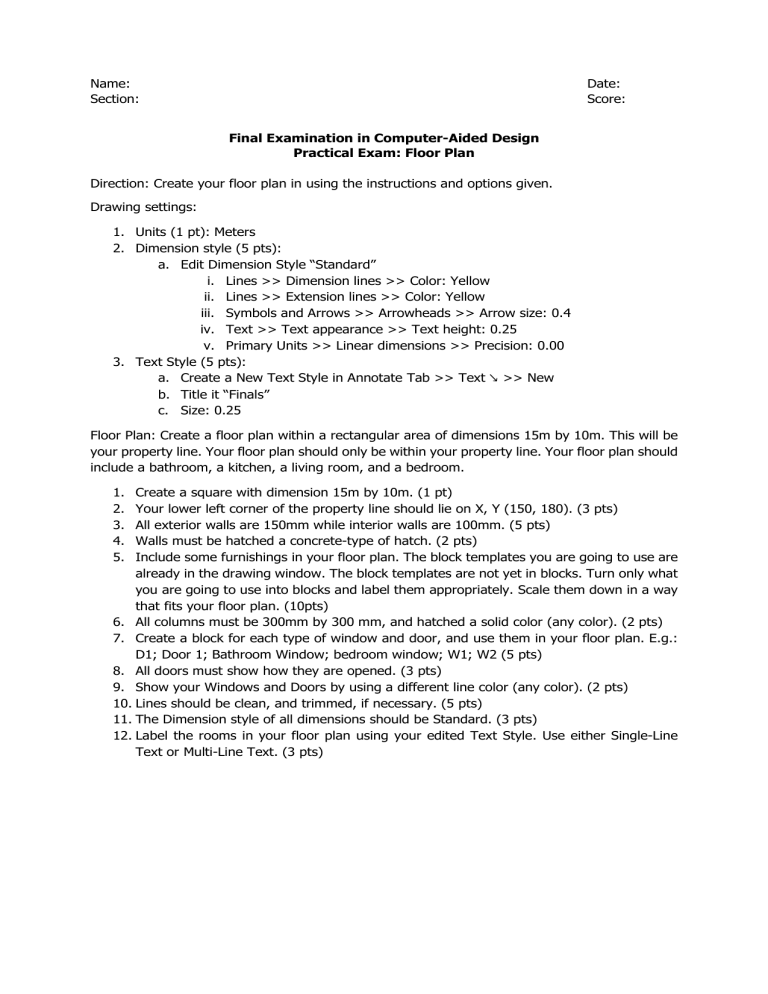 Computer-Aided Design Final Exam: Floor Plan Practical Assessment
