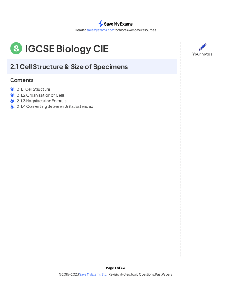 IGCSE Biology: Cell Structure & Size Revision Notes
