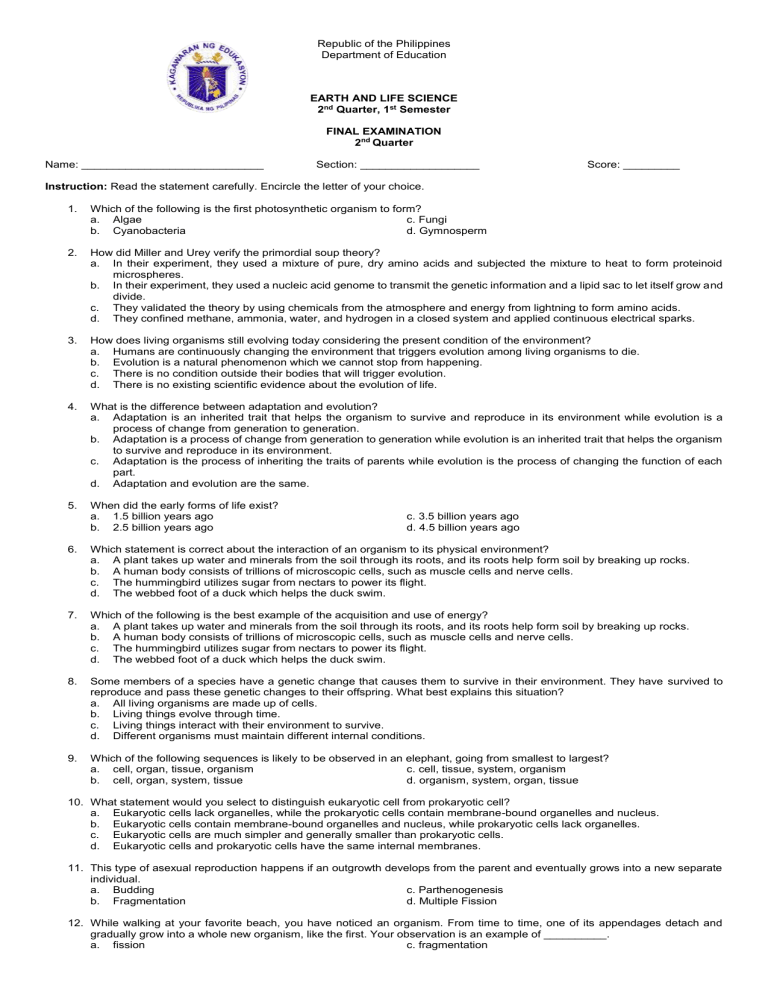 Earth and Life Science Final Exam - 2nd Quarter High School Biology