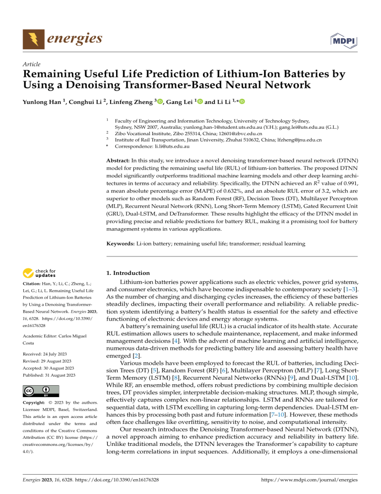 Li-ion Battery RUL Prediction with Denoising Transformer