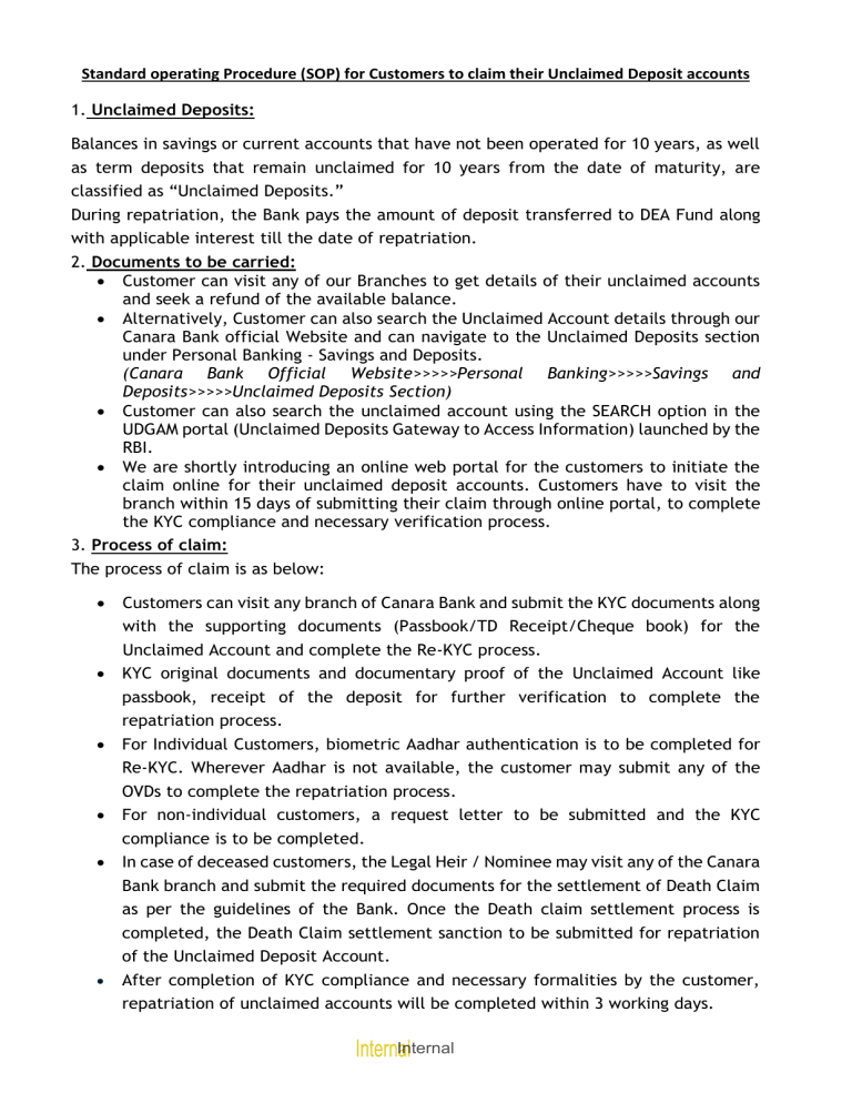 Canara Bank: Claiming Unclaimed Deposits - SOP Guide