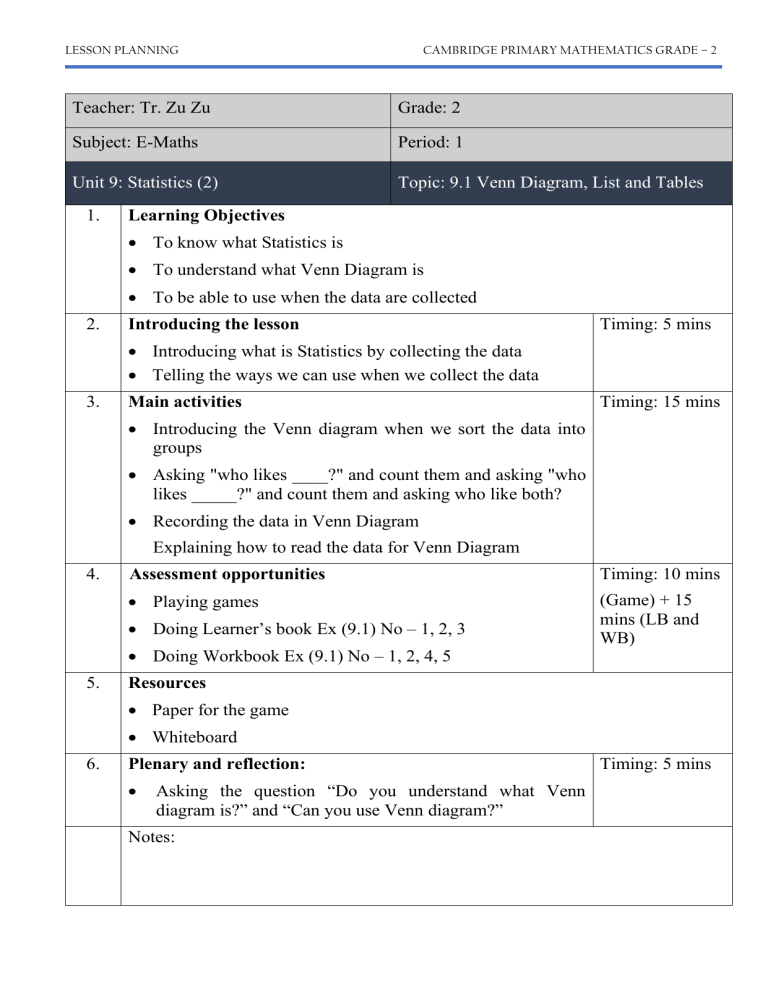 Grade 2 E-Maths: Venn Diagrams Lesson Plan