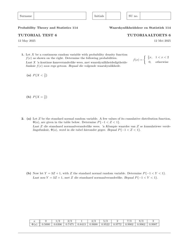 Probability & Statistics Tutorial Test: Random Variables