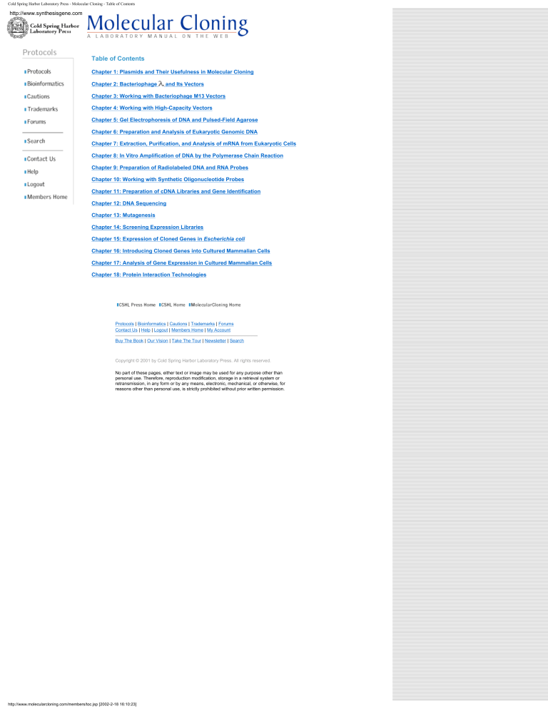 Molecular Cloning: Table of Contents & Lab Protocols - Cold Spring ...