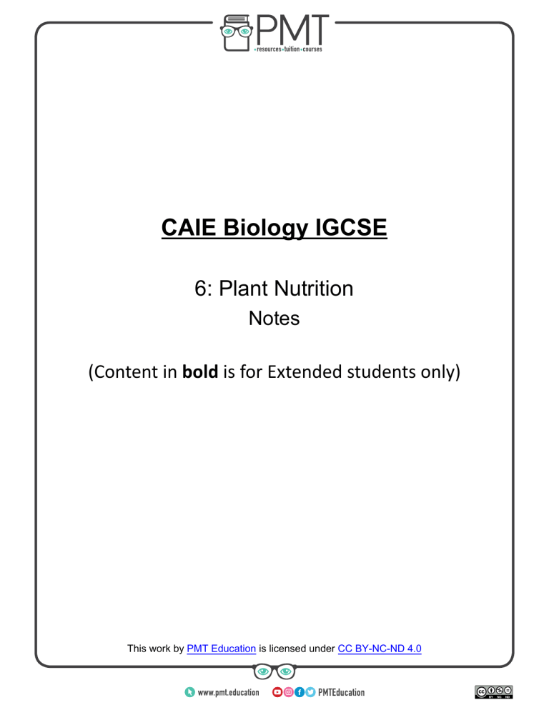 CAIE Biology IGCSE: Plant Nutrition Notes - Photosynthesis & Leaf Structure