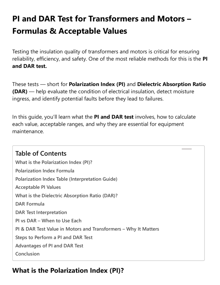 PI & DAR Test for Transformers & Motors: Formulas & Values Guide