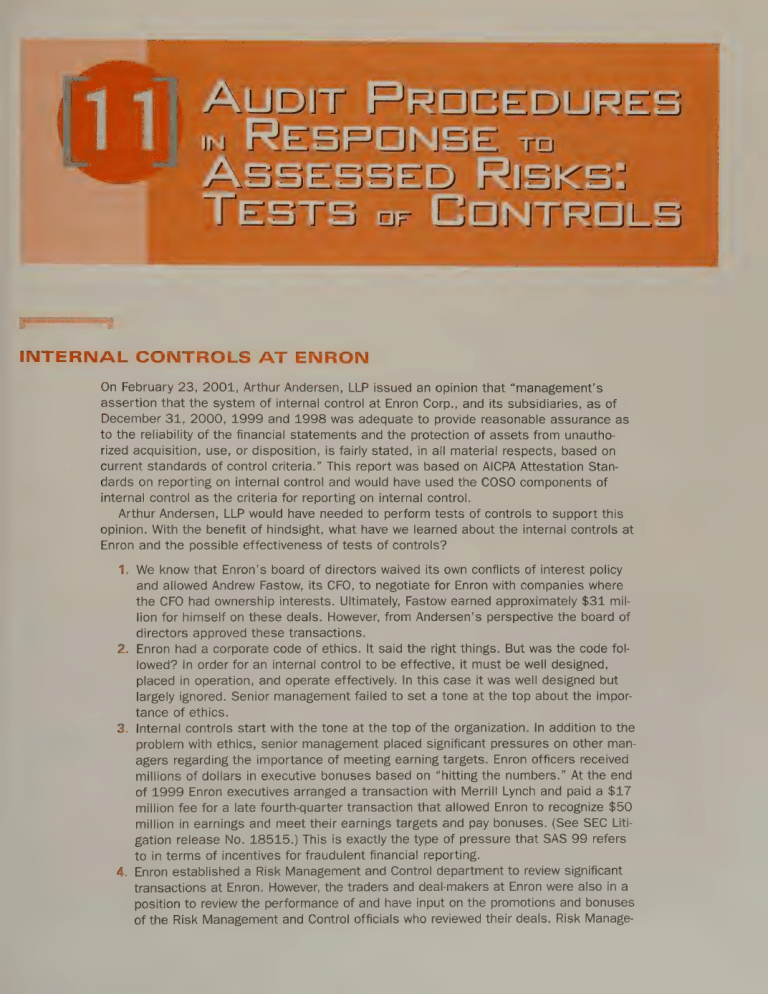 Audit Procedures: Assessing Control Risk & Tests of Controls (Chapter 11)