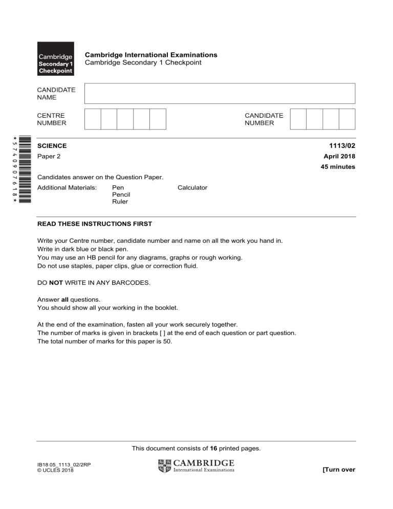 Cambridge Secondary 1 Checkpoint Science Paper 2 2018