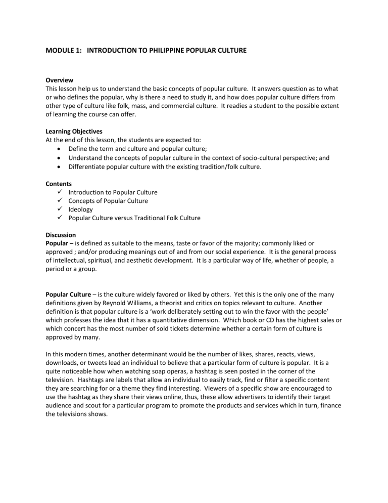 Philippine Popular Culture: Introduction & Concepts