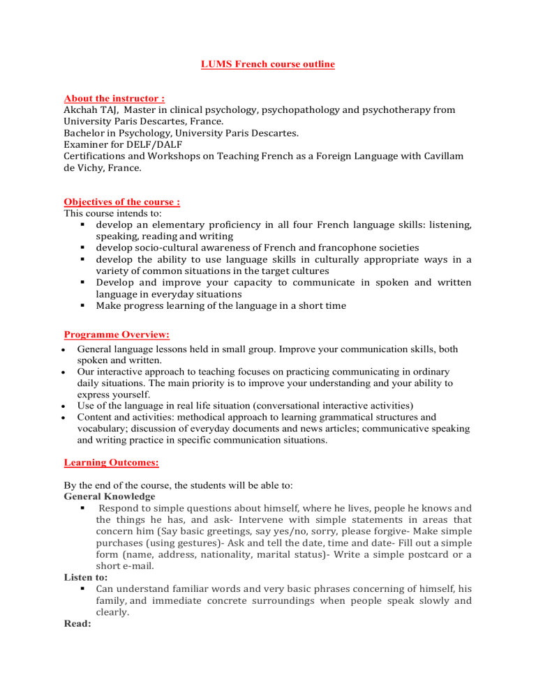 LUMS French Course Outline: Beginner Level