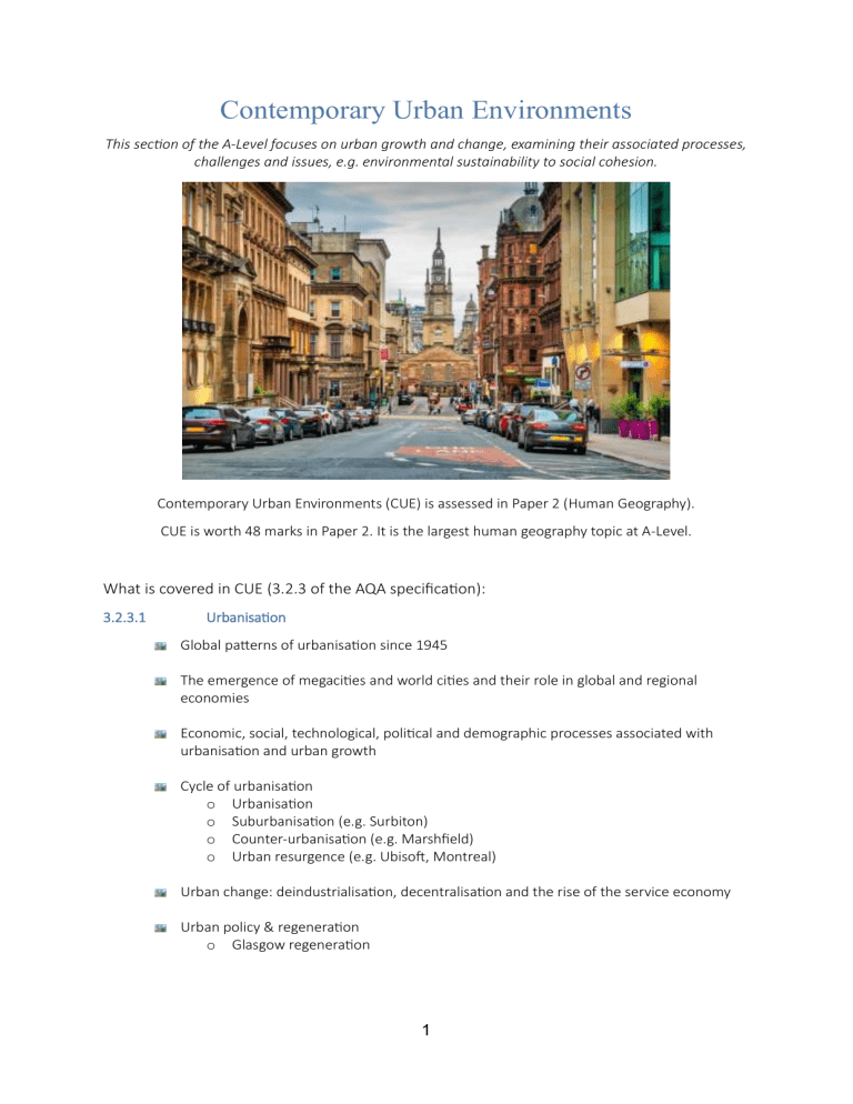 A-Level Geography: Contemporary Urban Environments Syllabus