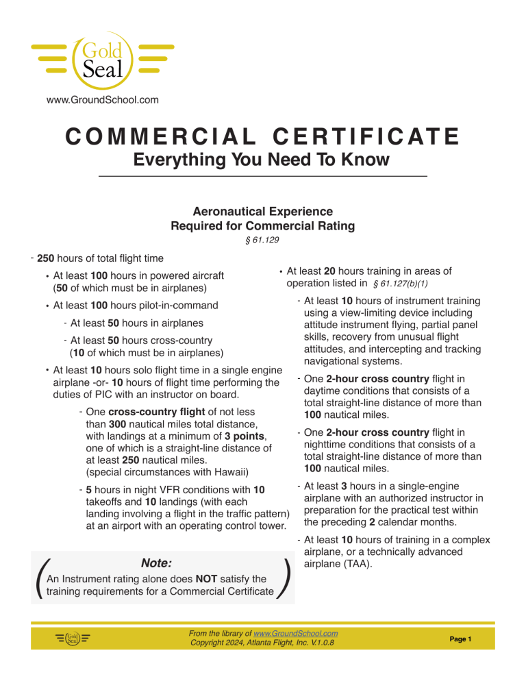 Commercial Pilot Certificate Requirements: Aeronautical Experience Guide
