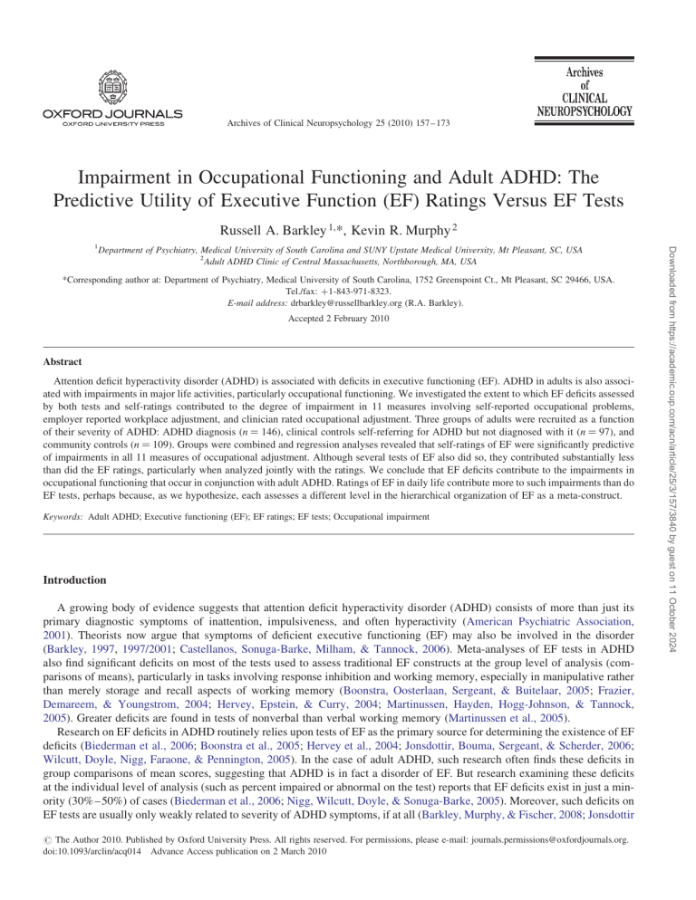 ADHD, Executive Function, and Occupational Impairment