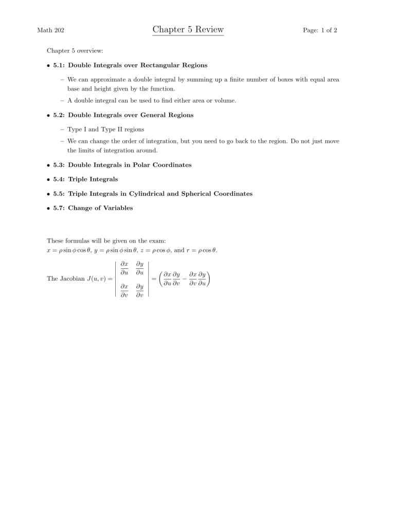 Math 202 Chapter 5 Review: Double & Triple Integrals, Change of Variables