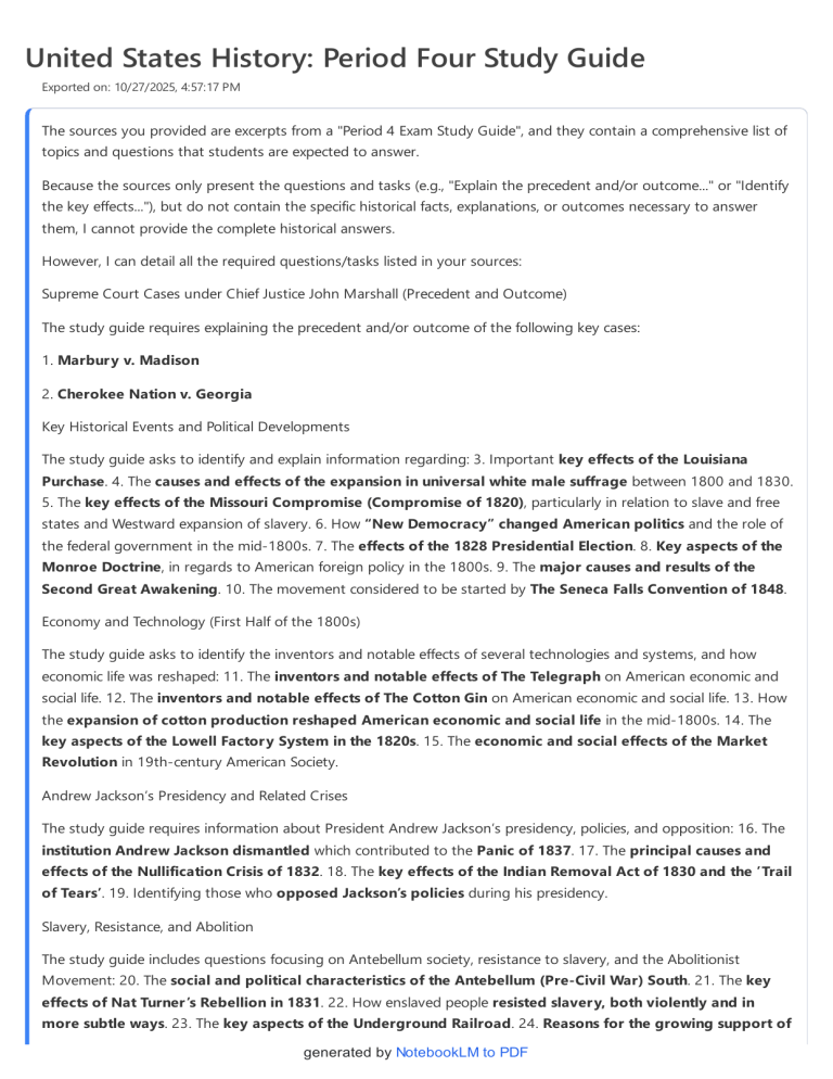 US History Period 4 Study Guide: 1800-1850