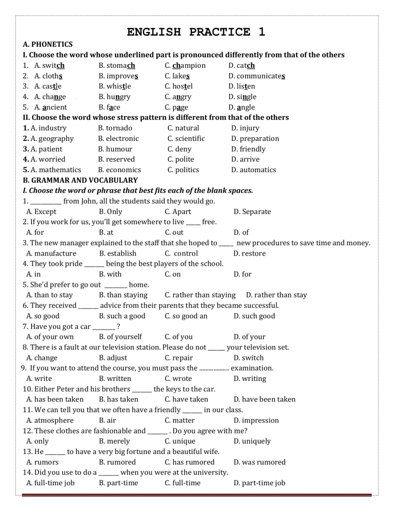 English Practice Test 1: Phonetics, Grammar, Vocabulary, Reading