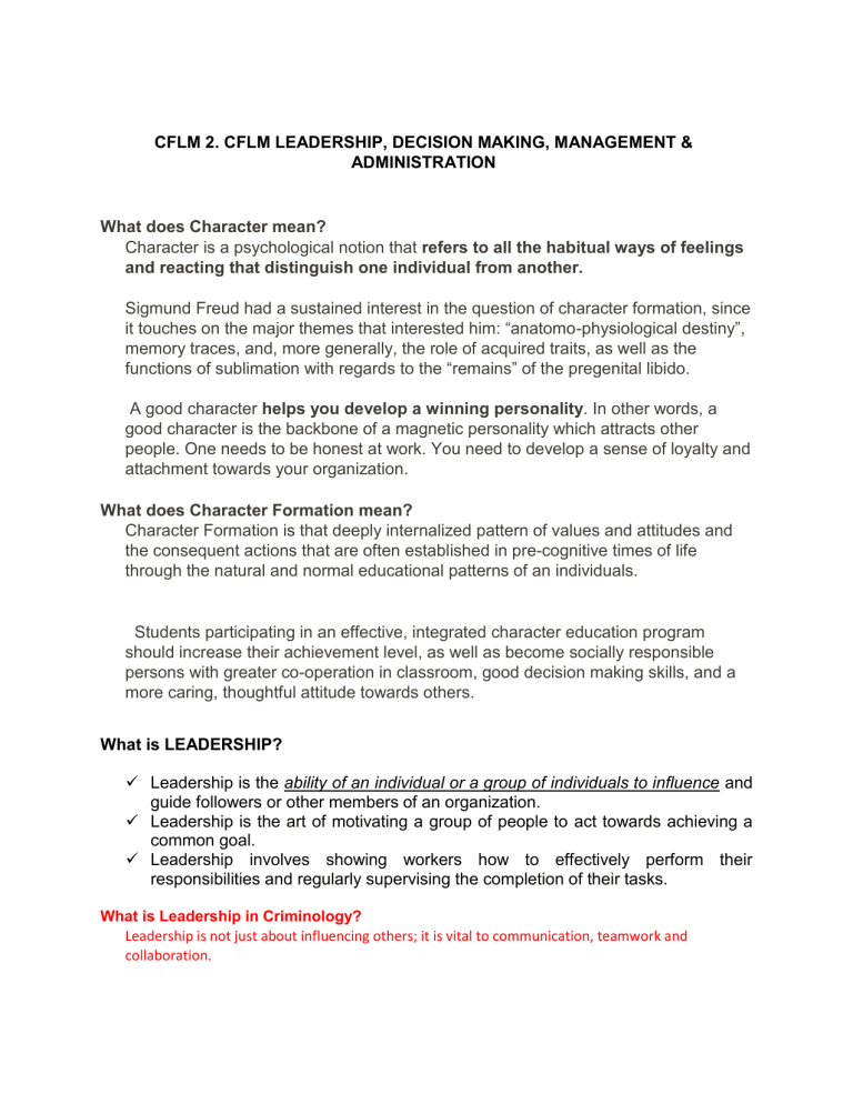 Leadership, Decision Making & Character Formation