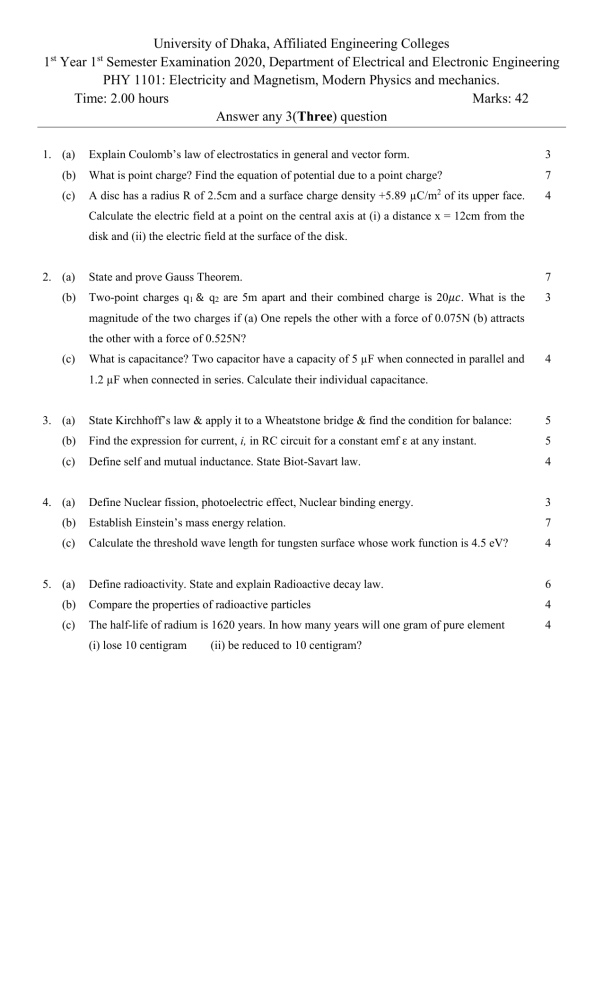 Electricity, Magnetism & Modern Physics Exam - Dhaka University