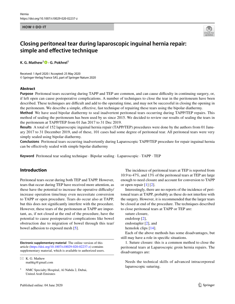 Laparoscopic Hernia Repair: Bipolar Peritoneal Tear Sealing