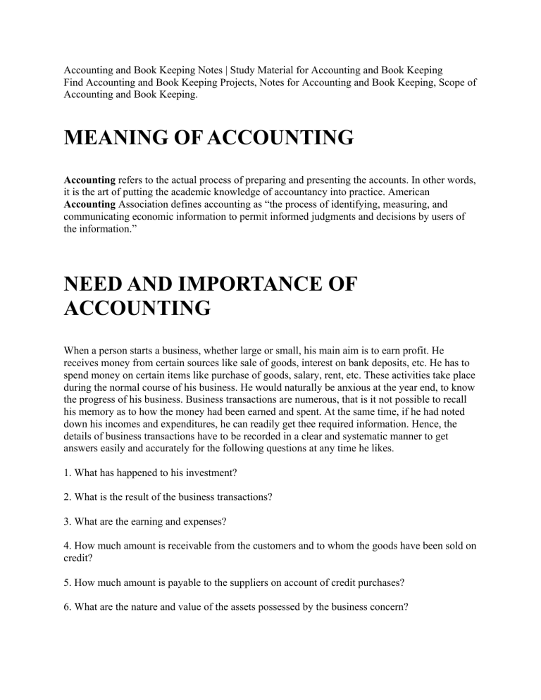Accounting & Book Keeping Notes: Meaning, Need, Branches
