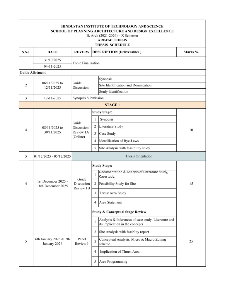 Hindustan Institute B. Arch Thesis Schedule 2025-2026 - ARB4541