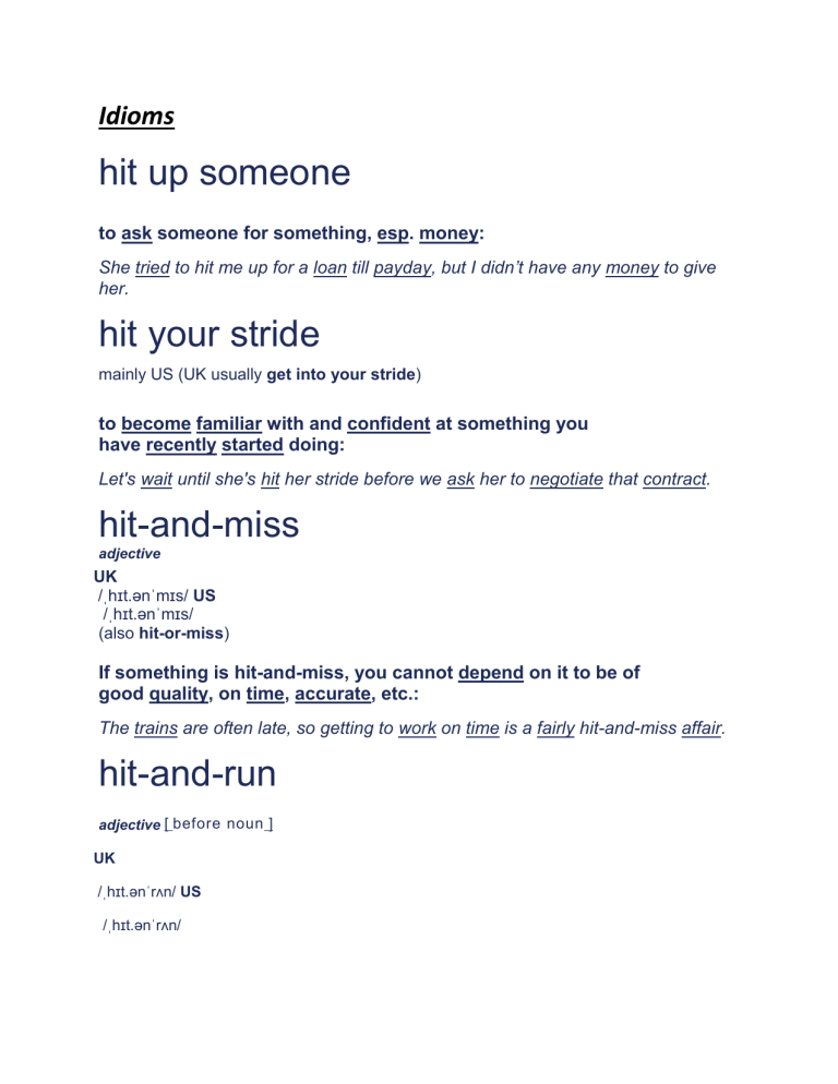 English Idioms: Hit - Definitions and Examples