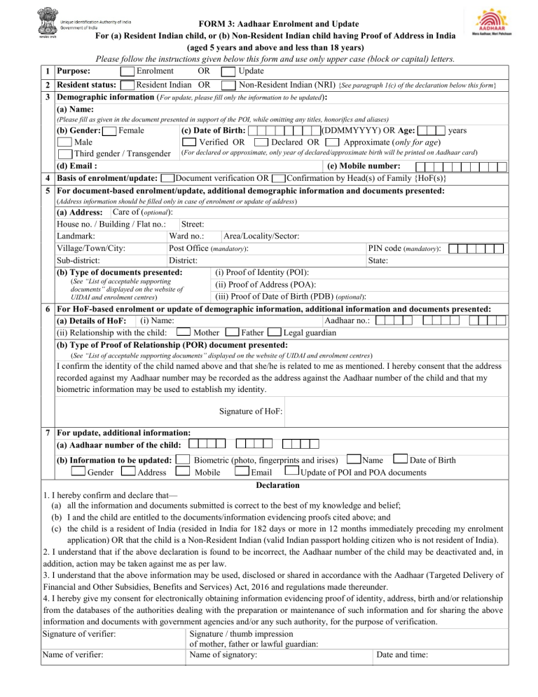 Aadhaar Enrolment & Update Form 3 for Resident/NRI Children