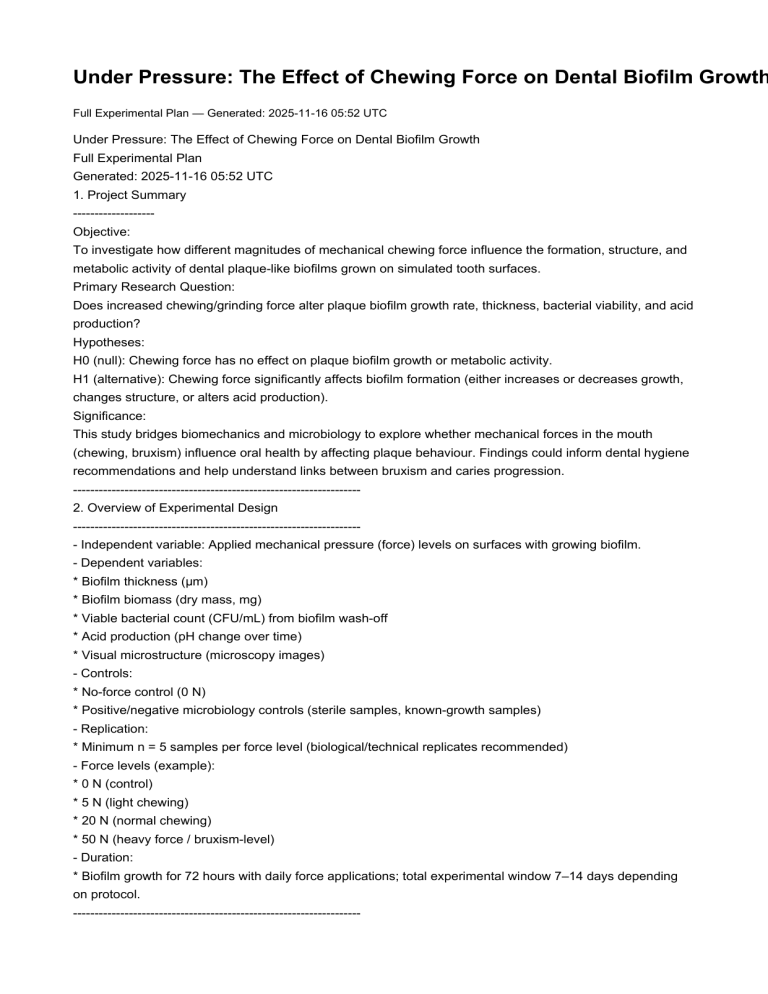 Chewing Force & Dental Biofilm: Experimental Plan