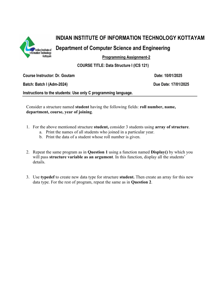 Data Structures Assignment in C - Student Records