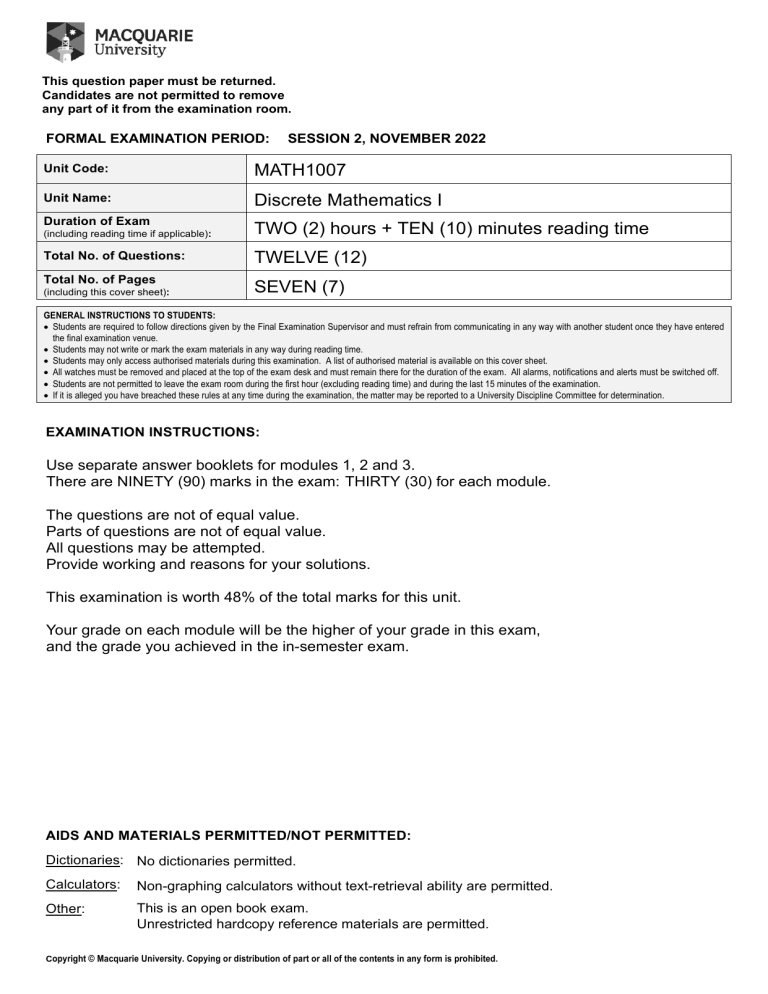 Discrete Mathematics I Exam Paper - Macquarie University