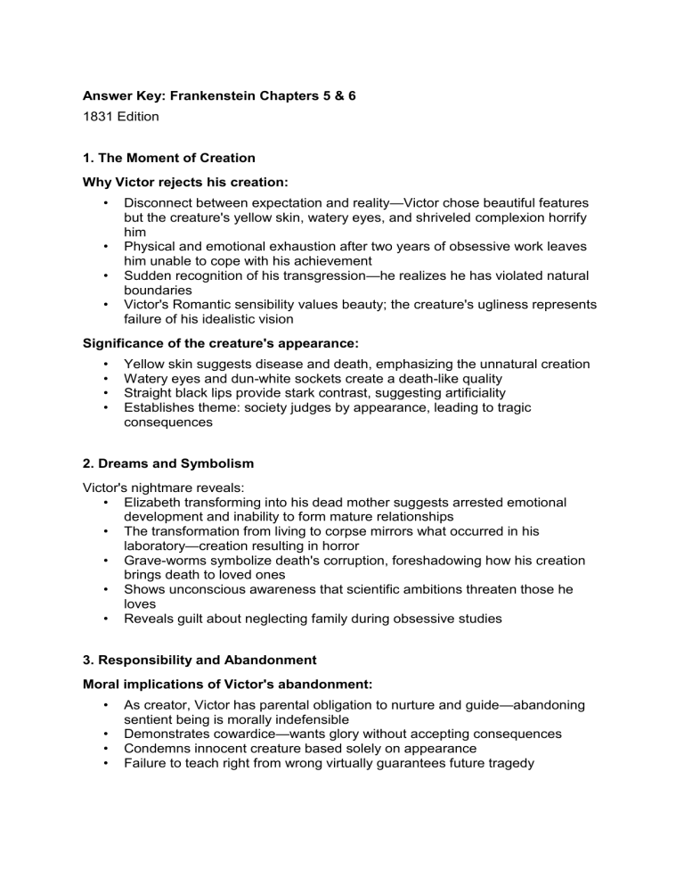 Frankenstein Chapters 5 & 6 Answer Key | 1831 Edition