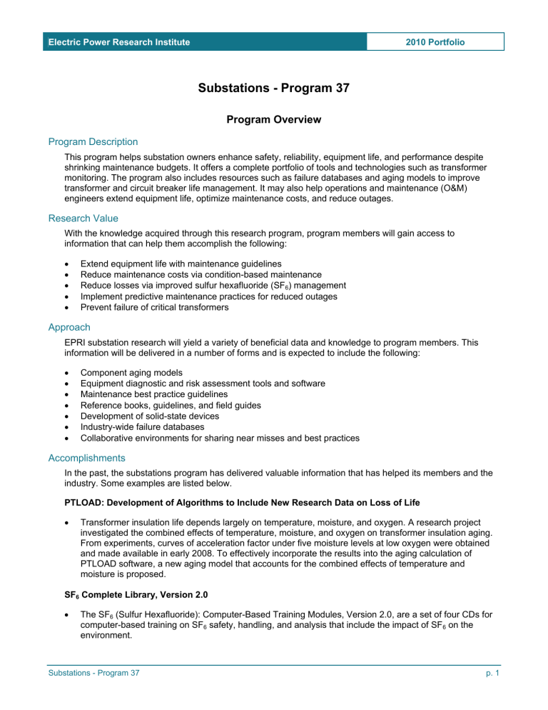 EPRI Substations Program Overview: Transformer & Circuit Breaker Life