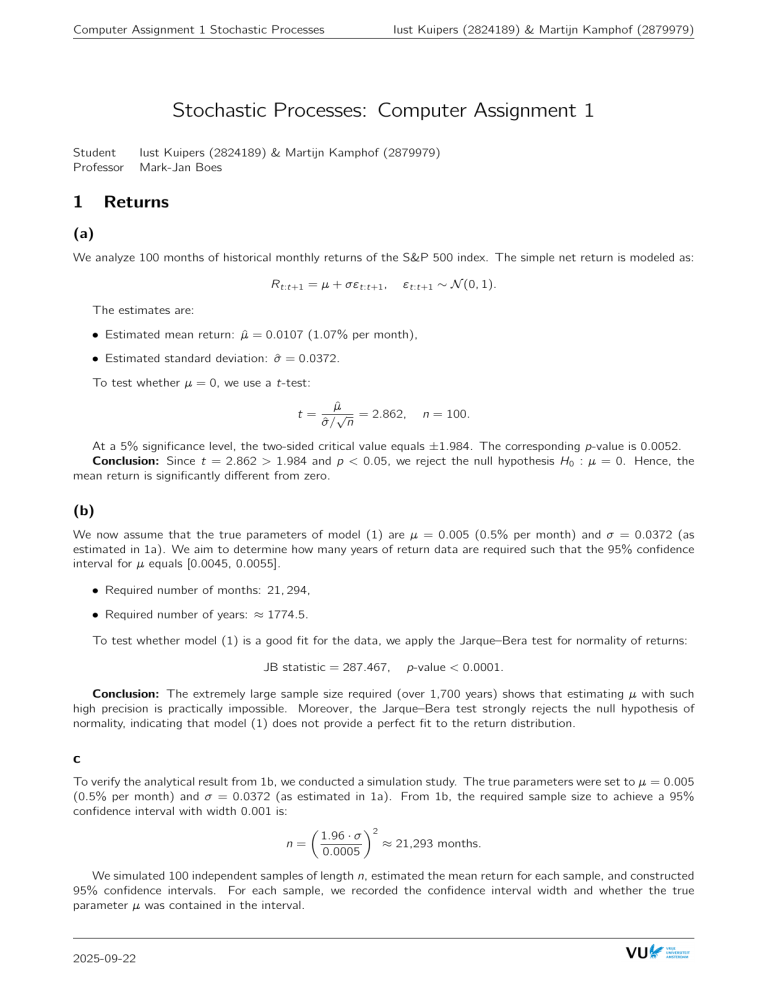 Stochastic Processes: S&P 500 Returns Analysis & Option Pricing Assignment