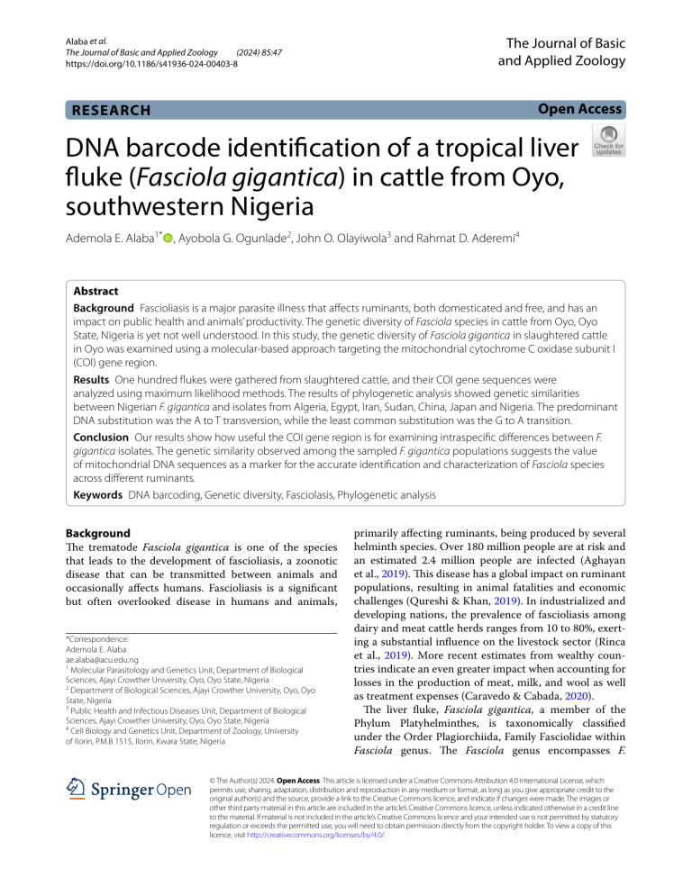 DNA Barcode Identification of Fasciola gigantica in Nigerian Cattle
