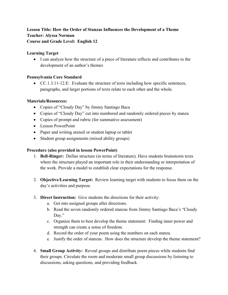 English 12 Lesson Plan: Stanza Order & Theme Development