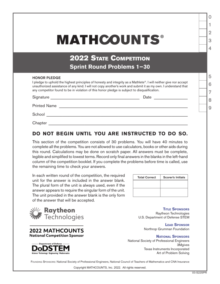2022 MATHCOUNTS State Sprint Round Problems 1-30 | Math Competition