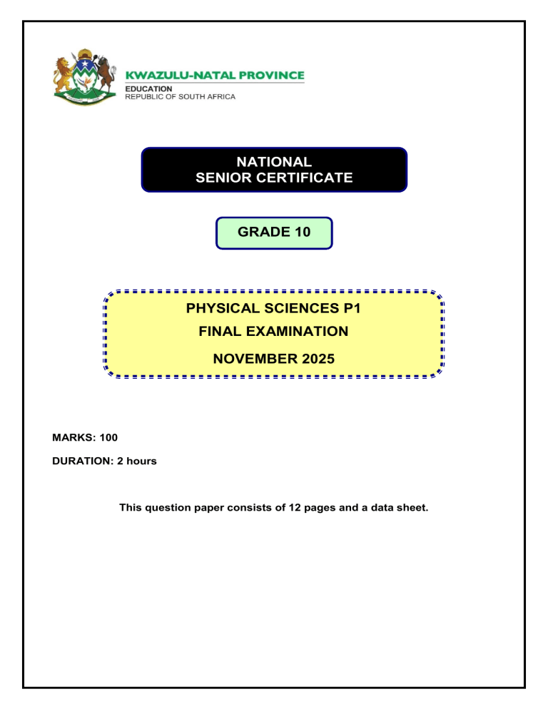 Grade 10 Physical Sciences P1 Final Exam Paper - November 2025