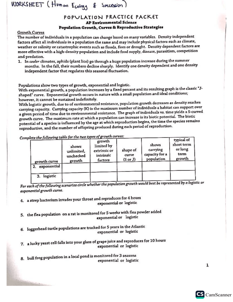 AP Environmental Science: Population Growth & Ecology Worksheet