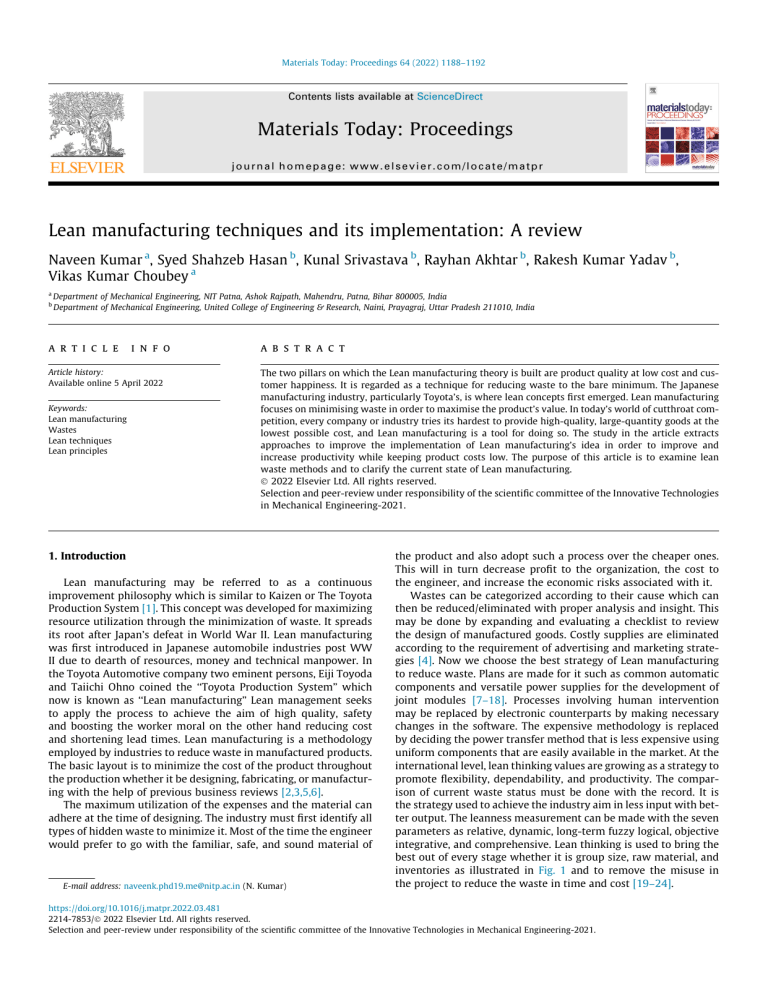 Lean Manufacturing Techniques and Implementation: A Review