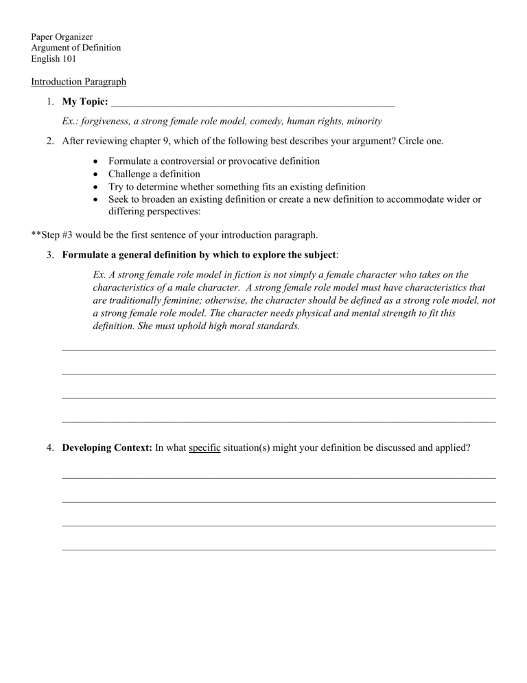 Argument of Definition Essay Organizer: English 101 Writing Guide