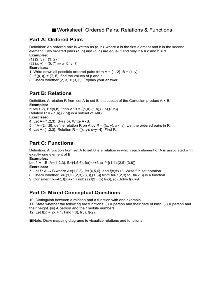 Ordered Pairs, Relations & Functions Worksheet