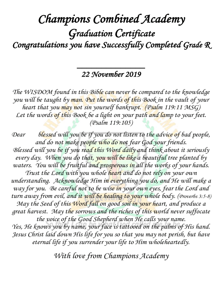 Grade R Graduation Certificate - Champions Combined Academy