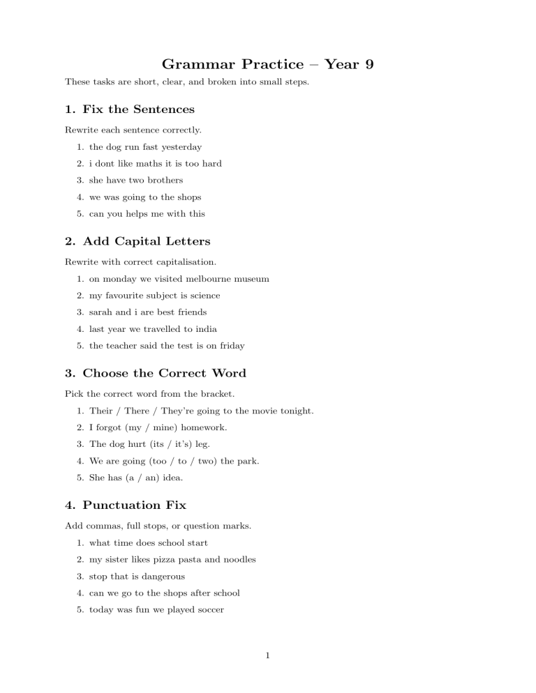 Year 9 Grammar Practice Worksheet