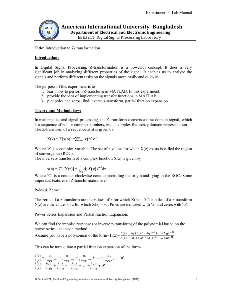 Z-Transform Lab Manual: MATLAB Implementation