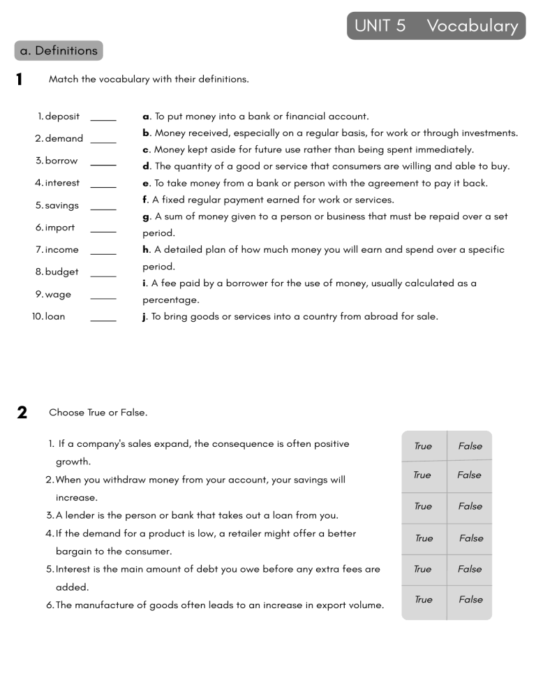 Finance Vocabulary Worksheet: Definitions & Exercises
