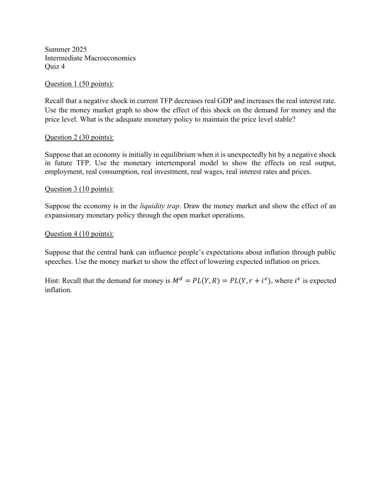 Macroeconomics Quiz: TFP Shocks, Monetary Policy, Liquidity Trap