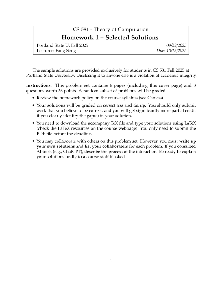 CS 581 Theory of Computation Homework 1 Solutions - Portland State U