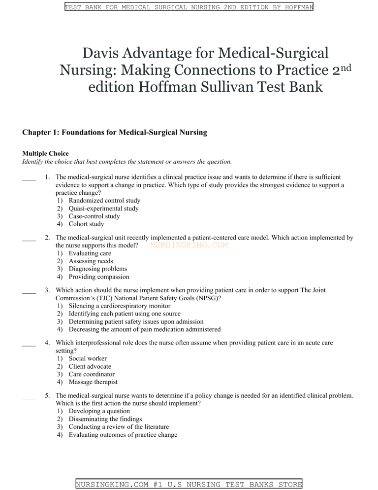 Medical-Surgical Nursing Test Bank: Foundations & Practice (Hoffman)