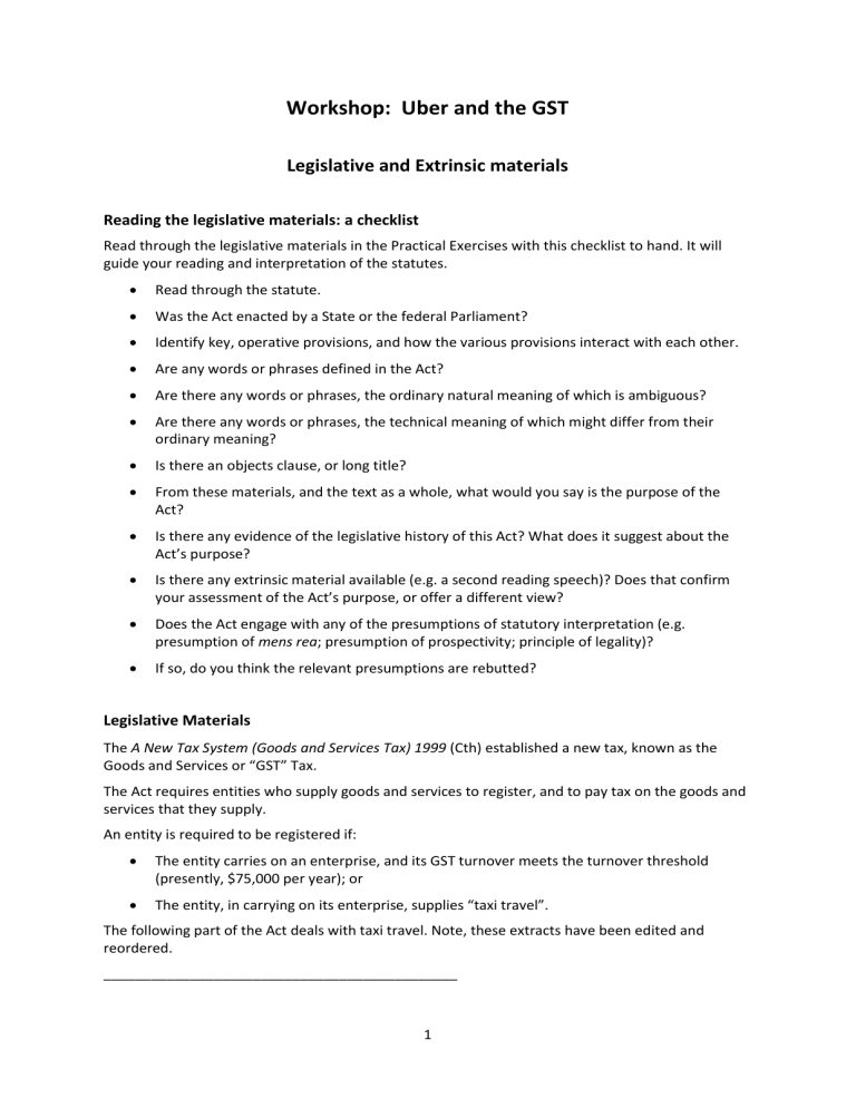 Uber and GST Workshop: Legislative Materials & Statutory Interpretation
