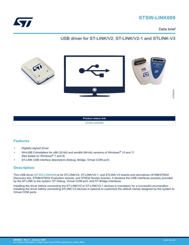 STSW-LINK009 USB Driver for ST-LINK/V2, V2-1, and V3 Data Brief